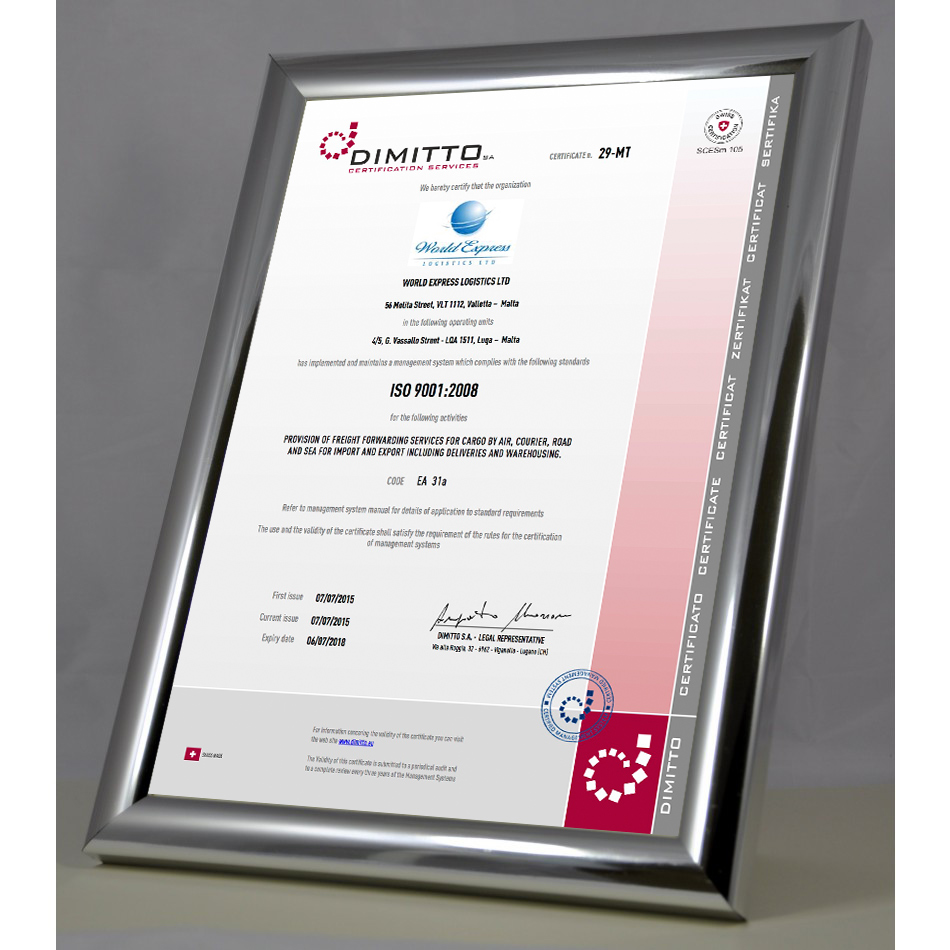 WORLD EXPRESS LOGISTICS, Malta, awarded ISO 9001:2008 certification